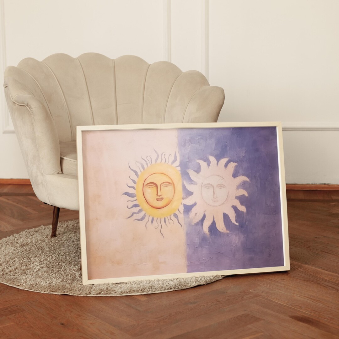 Indie Folk Sun and Moon Wall Art, Vintage Pastel Blue Beige Oil ...