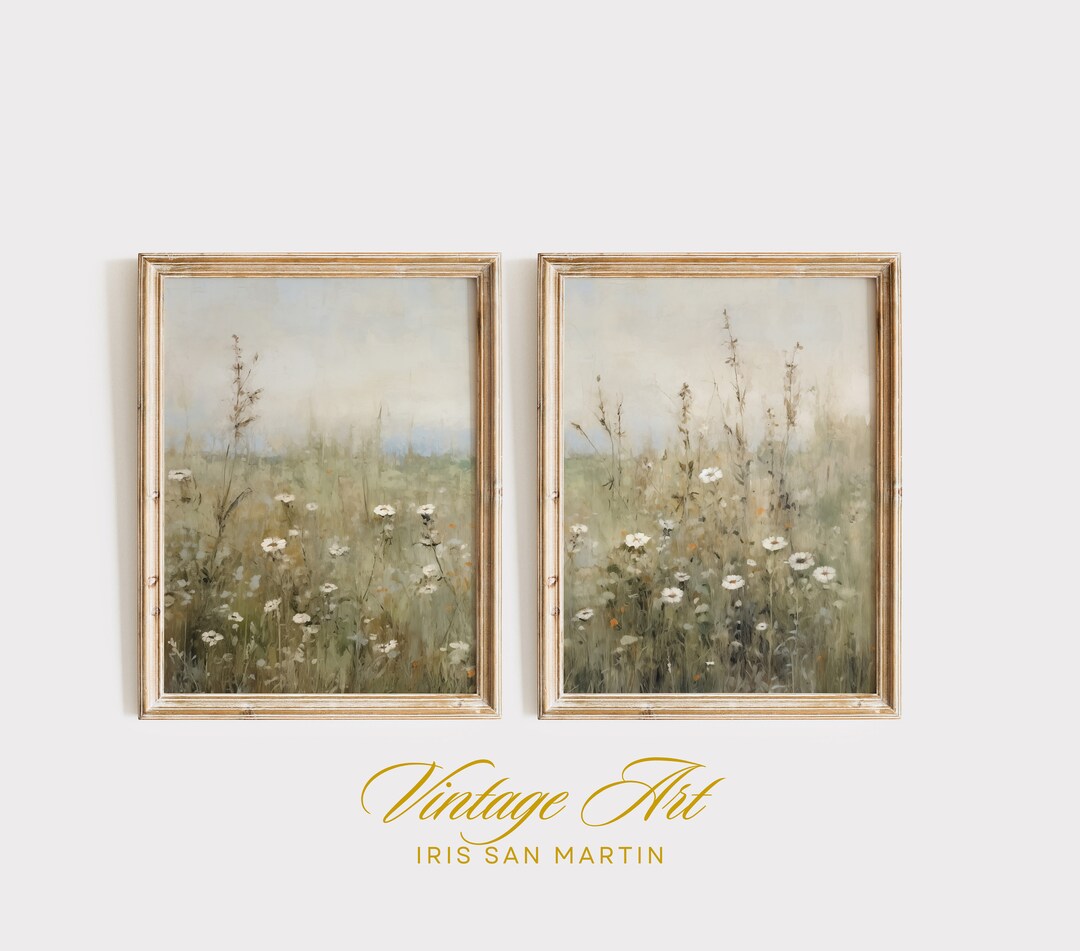 Set of 2 Muted Vintage Prints, Printable Wildflower Field, Landscape ...
