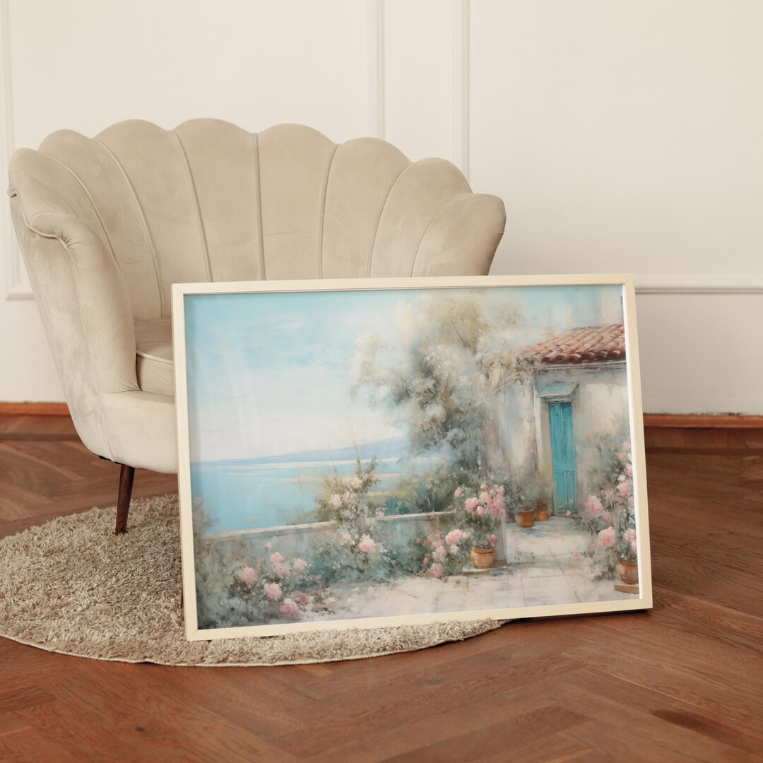 Spanish Cottage Wall Art, Blue and Light Green Pastel Impressionist ...
