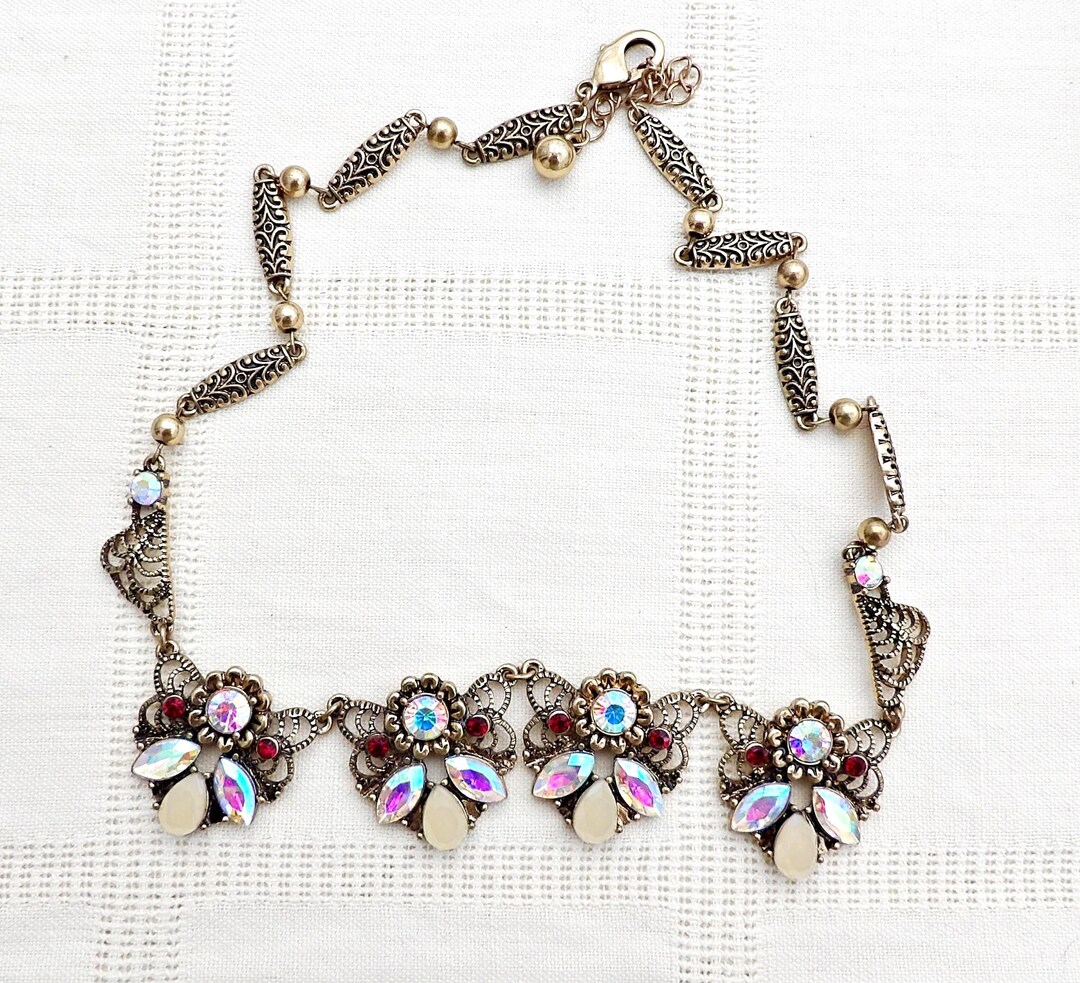 Art Deco Style Necklace : Red Clear & AB Pearlised Stones With Crystals ...