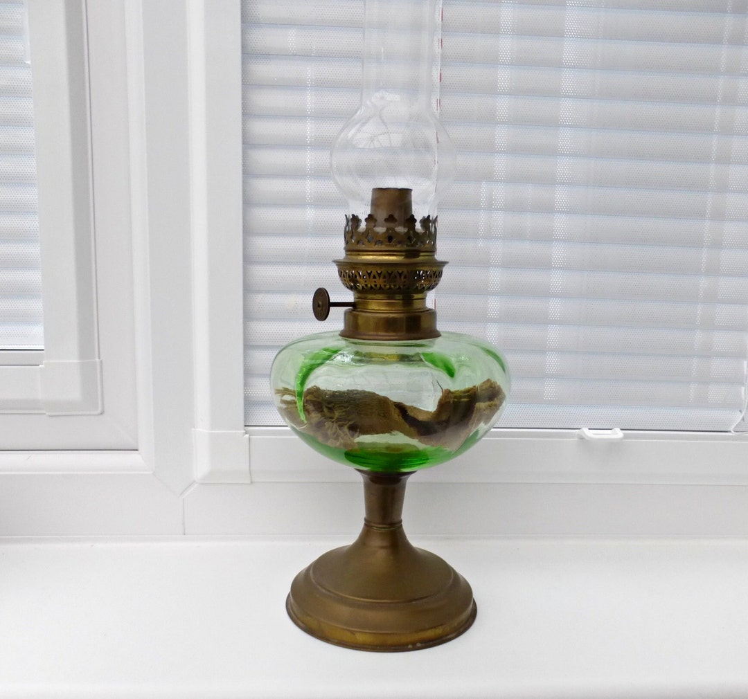 French Green Glass Oil Burner Vintage French Hurricane Lamp Antique ...