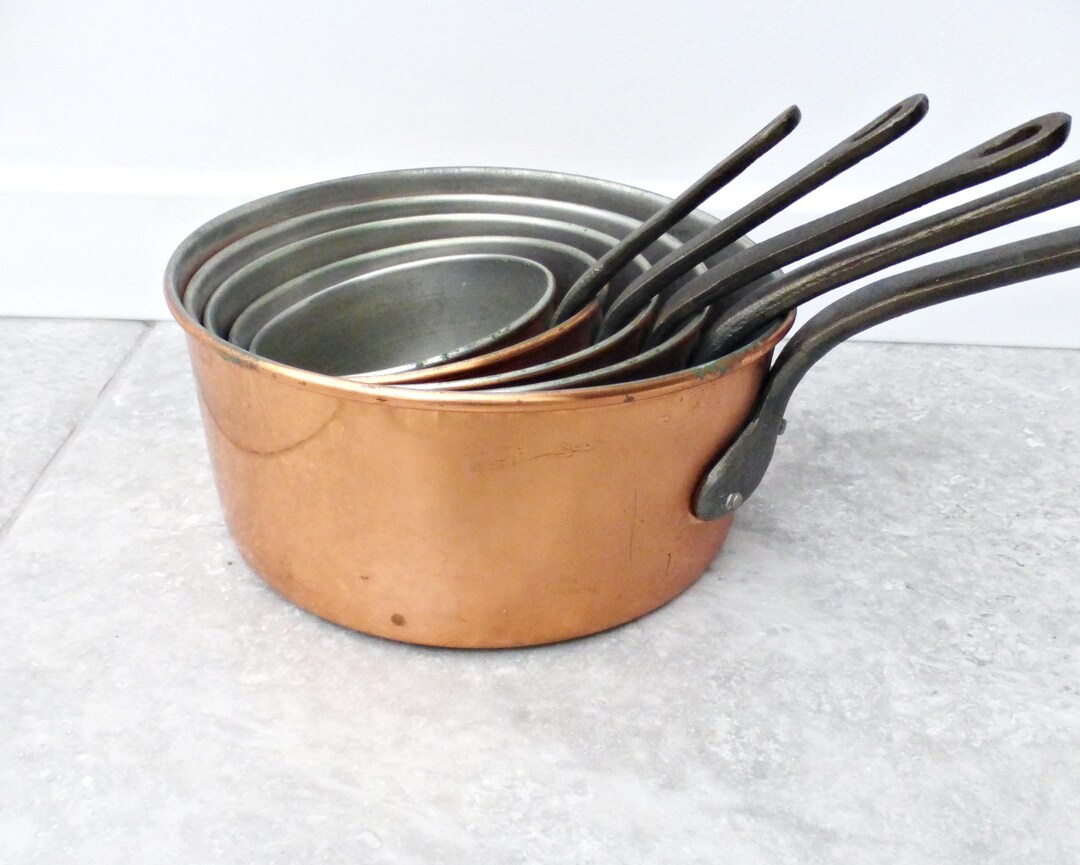 5 X Vintage Copper Pans | Copper Saucepan Set With Iron Handles ...