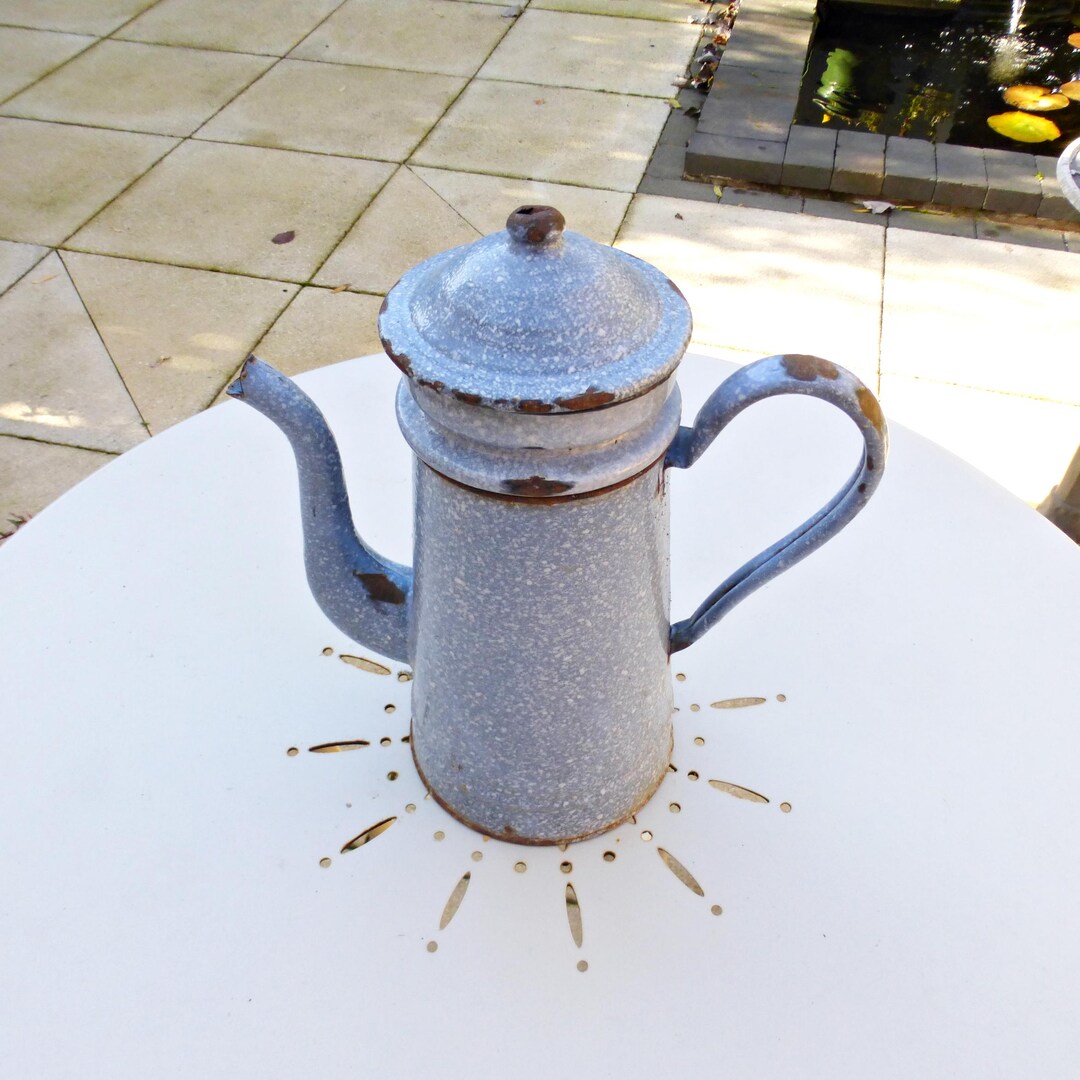 Vintage French Enamelware Coffee Pot: Blue & White Country Cafetiere - Etsy