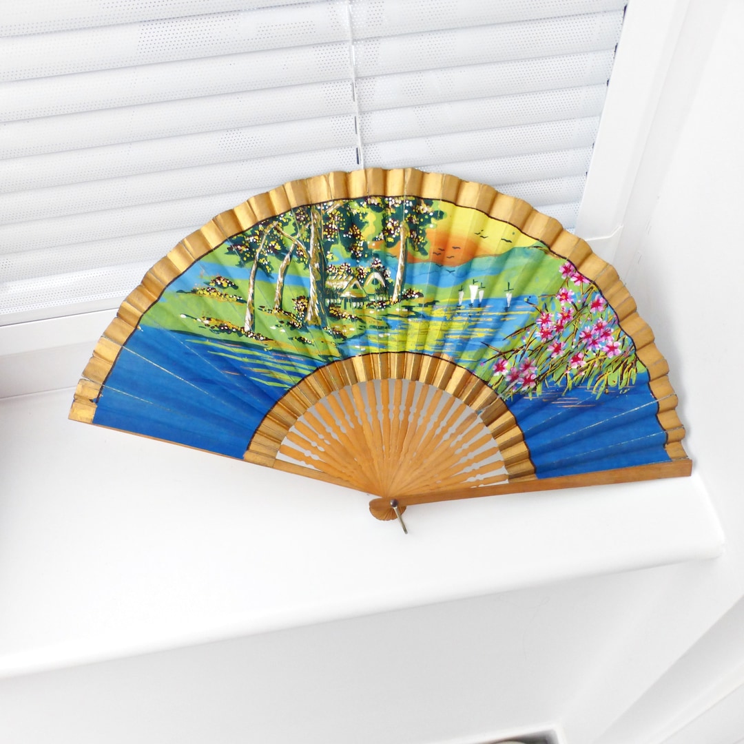 Vintage Hand-painted Japanese Folding Fan Floral Oriental Ladies ...