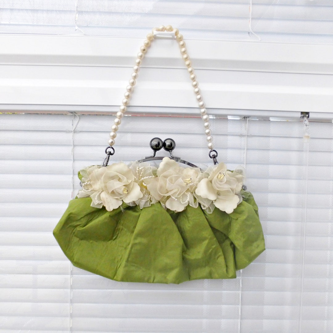 Green Satin Handbag – Elegant Evening Bag With Pearl Handle – Gathered ...