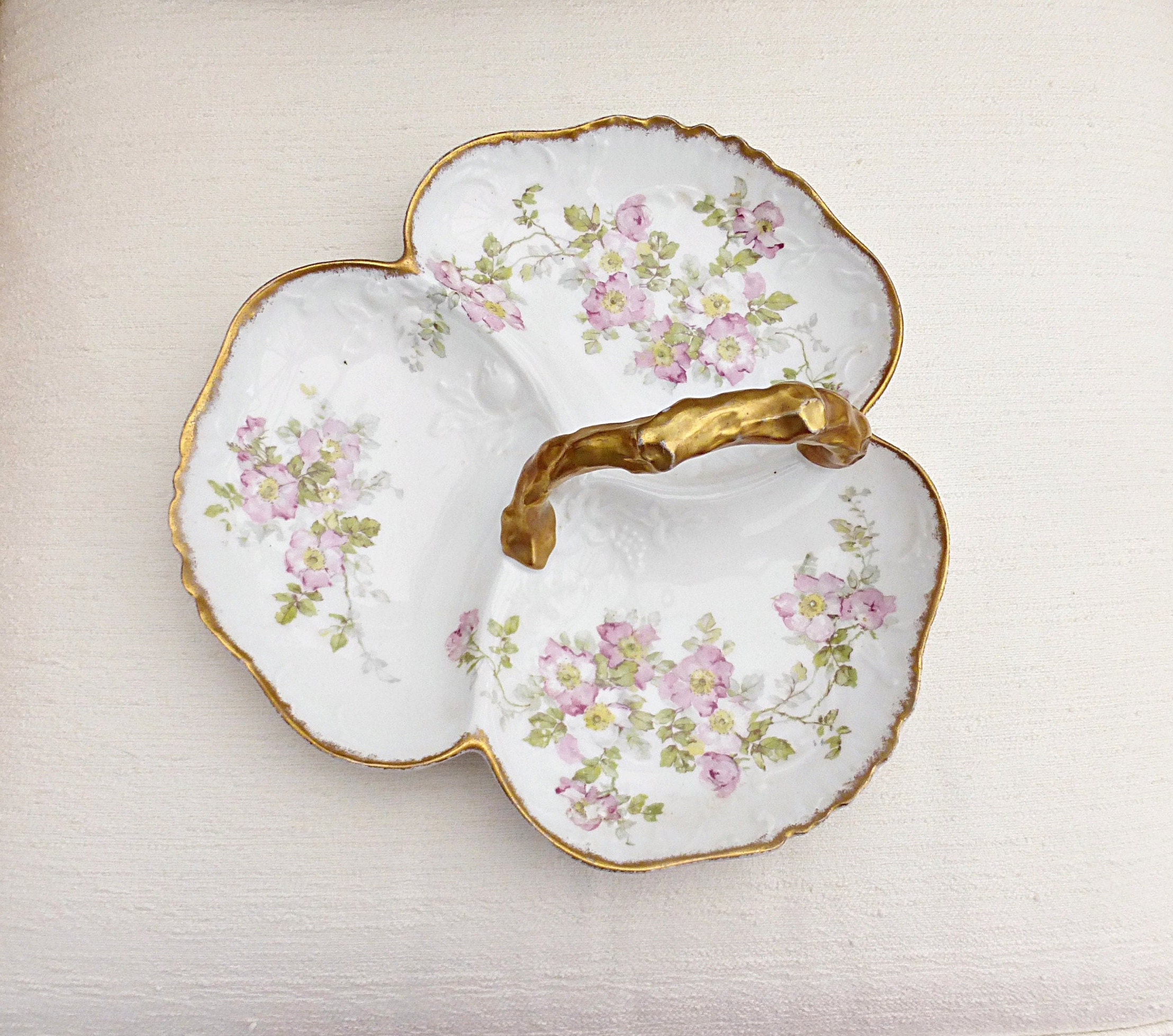Antique Large French Limoges Gilt Porcelain Divided Serving Dish / Hors ...