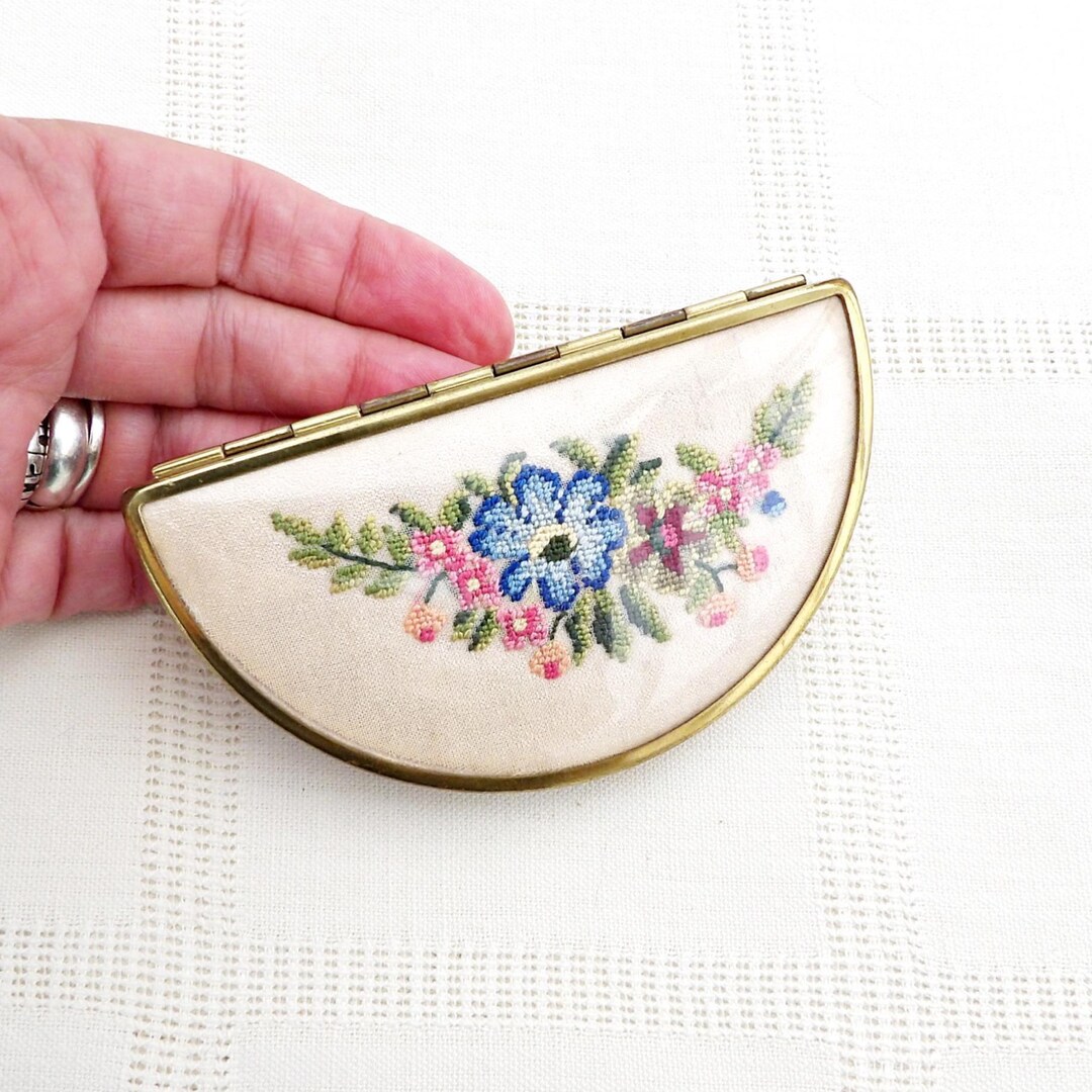 Rare Half Moon Mascot Compact | 1950s Demi Lune Floral Embroidered ...