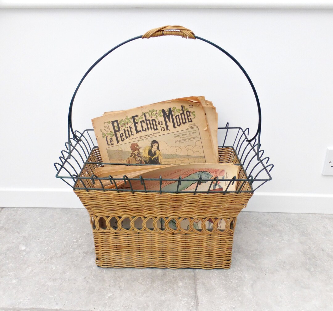 Metal 1950's Magazine Rack Wicker Vintage Newspaper Rack Green Metal ...