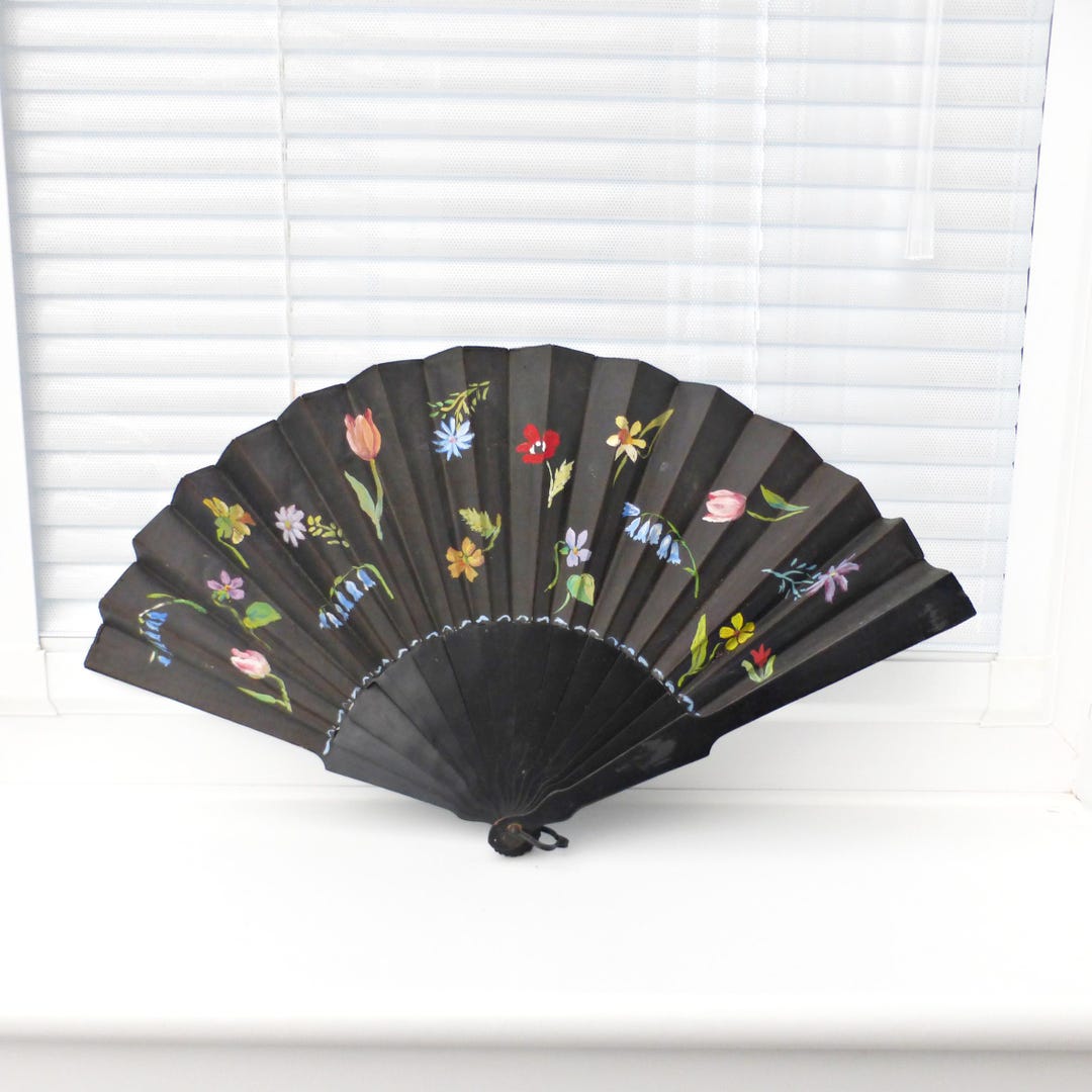 Black Edwardian Ladies Floral Folding Fan - Etsy
