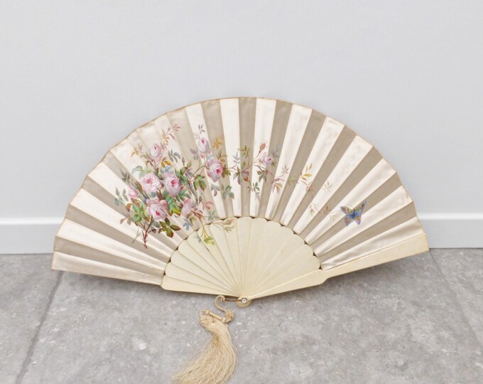 Silk Edwardian Fan | Handpainted Flowers Fan | Large Vintage Floral ...