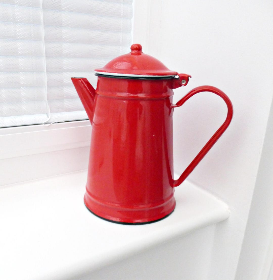 Vintage Red Coffee Pot | Enamel Stove Top Pot | Country Cafetiere | - Etsy