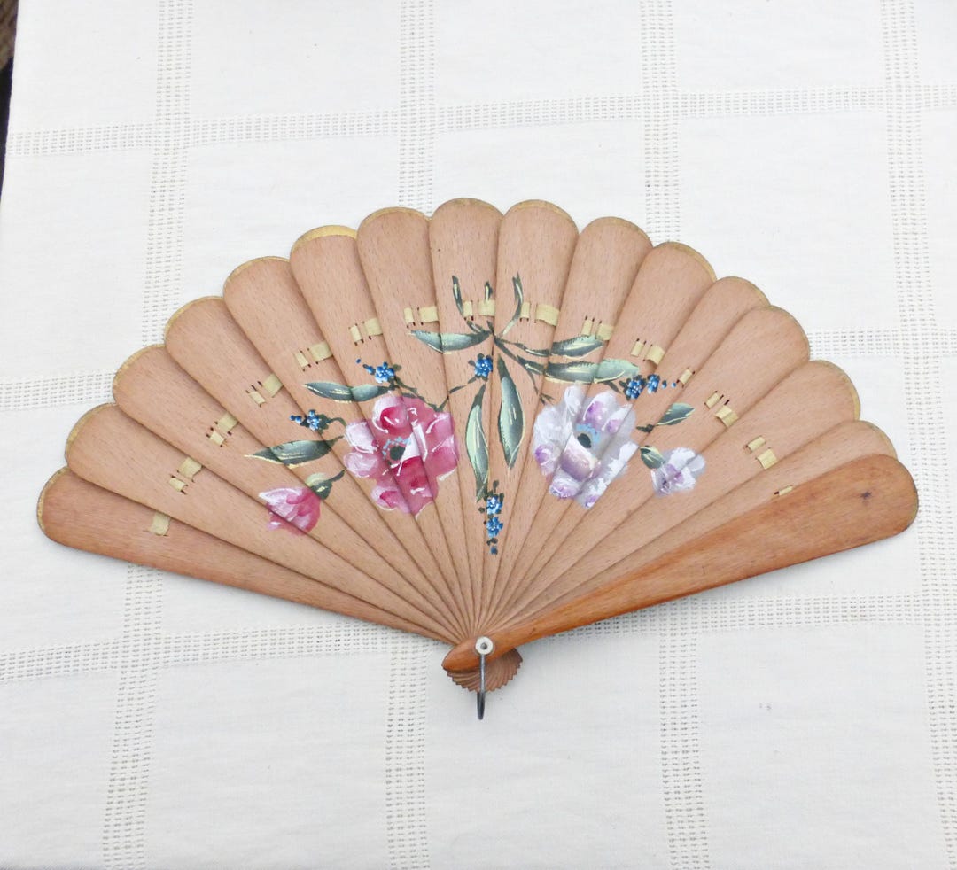 1890s Early Wooden Brise Fan | Hand Painted Flowers | - Etsy