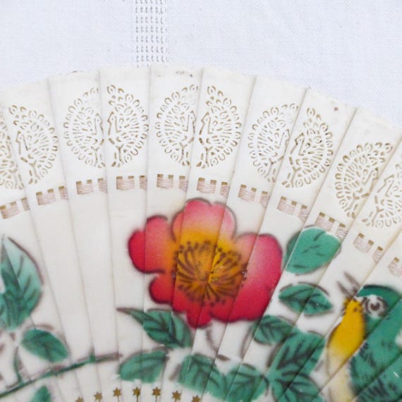 1920s Celluloid Brise Fan | Peacock and Flowers Cream… - Gem