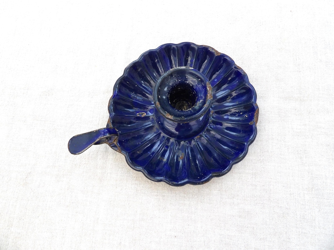 Vintage Deep Blue Enamel Chamberstick: French Country Candle Holder - Etsy