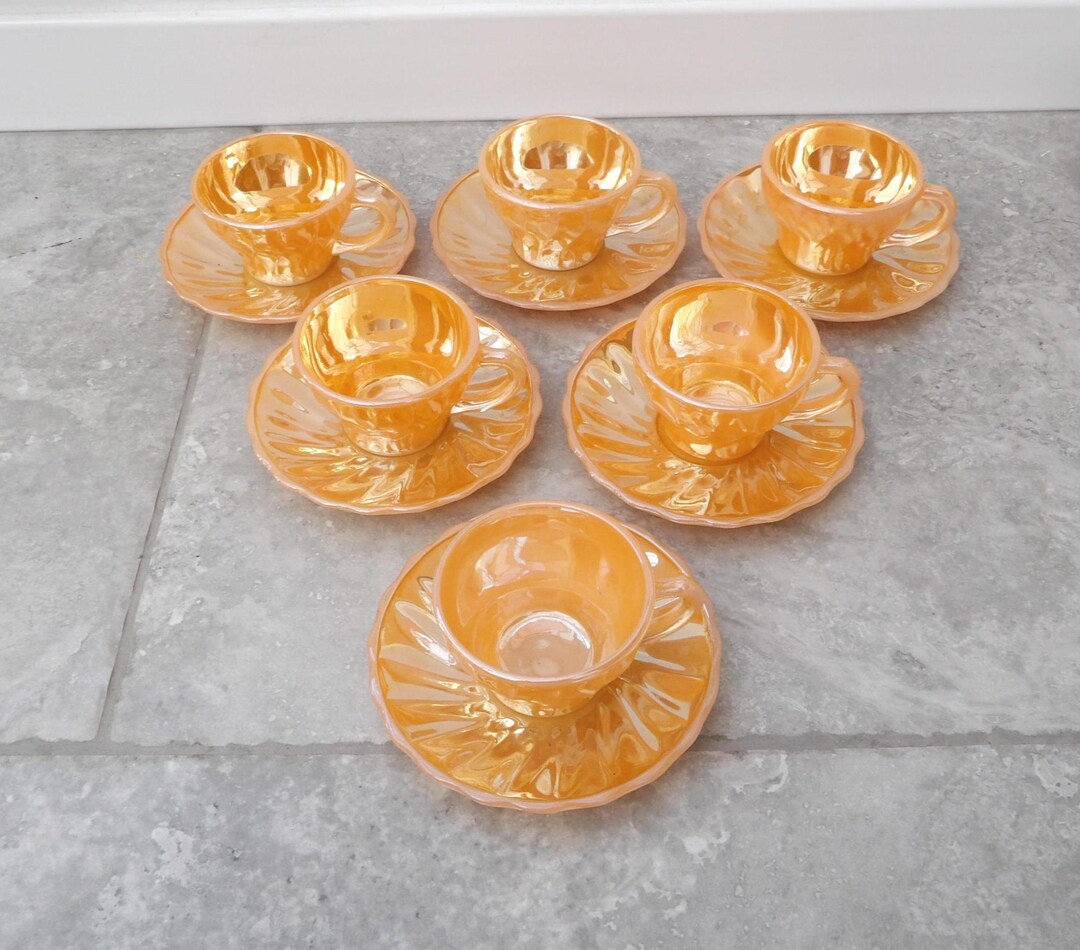 Vintage Fire King Peach Lustre Shell Coffee Cups & Saucers - Iridescent ...