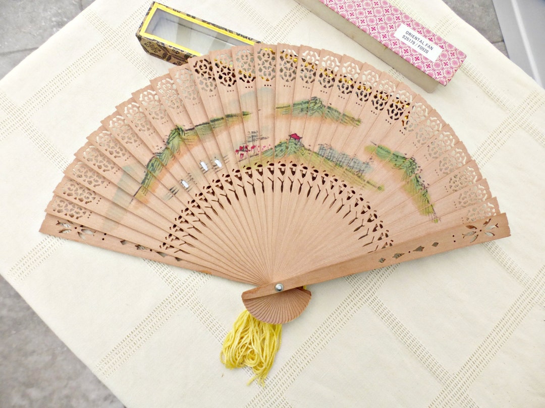 Antique Hand-painted Brise Fan: Oriental Mountain Scene, Pierced Wood ...