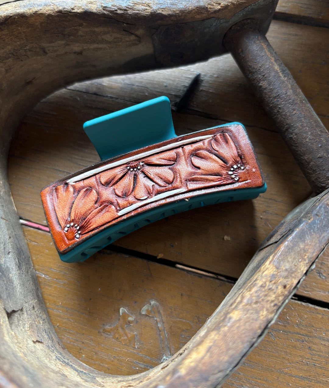 Ranch Style Tooled Leather Hair Clip Turquoise Western Cowgirl Rodeo ...