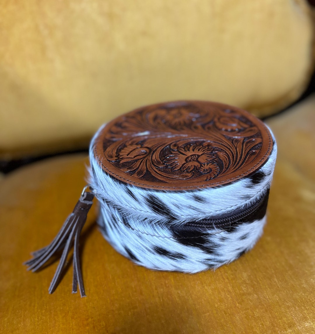 Round Tooled Leather Cowhide Jewelry Box Western Style Cowgirl Rodeo ...