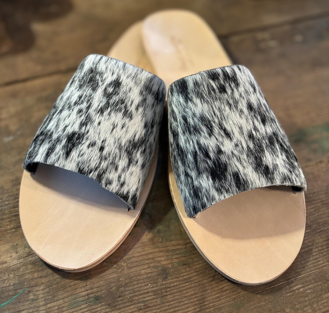 Ranch Style Cowhide Slides Salt & Pepper Sandals 100% Leather Cowgirl ...