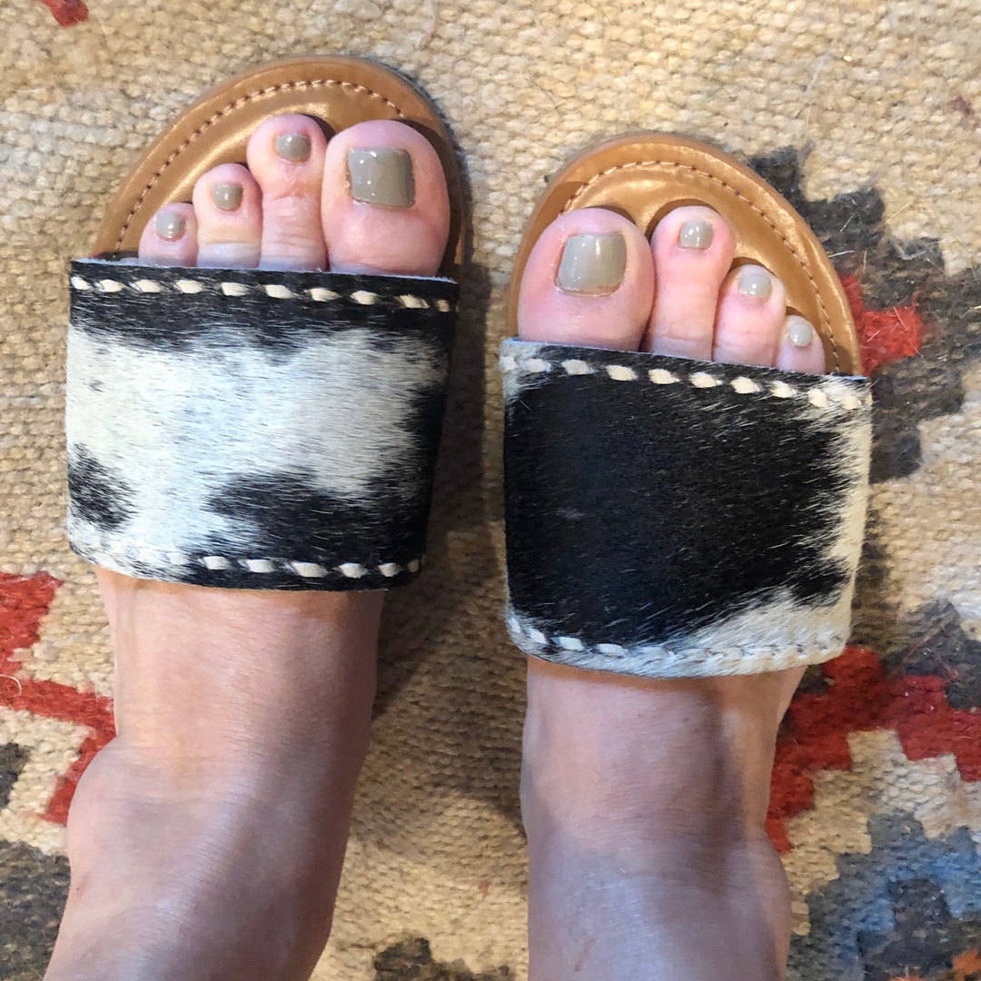 Cowhide Ranch Slides: Custom Western Sandal With Buckstitch - Etsy