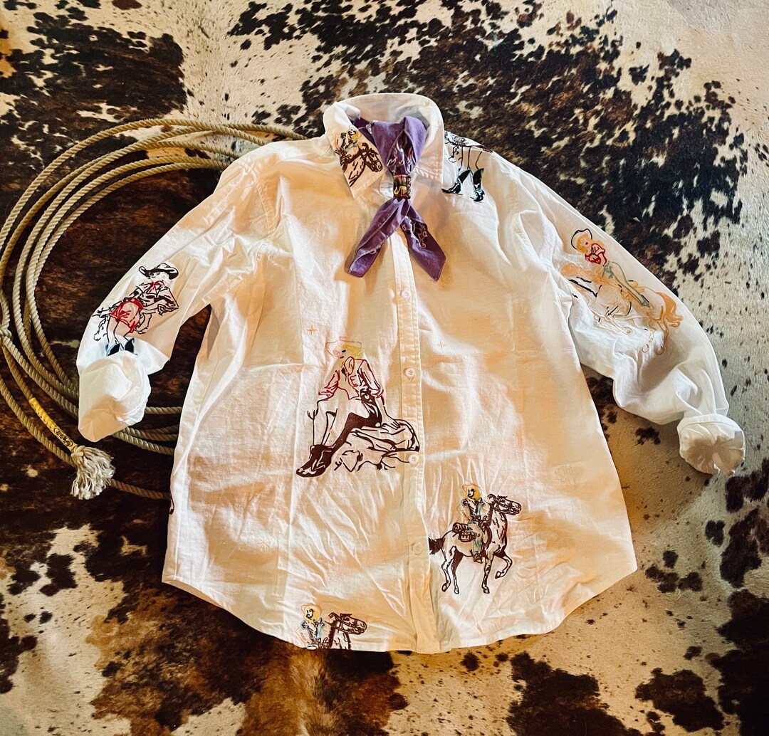 Western Cowgirl Cowboy Vintage Look Embroidered Long Sleeve Linen White ...
