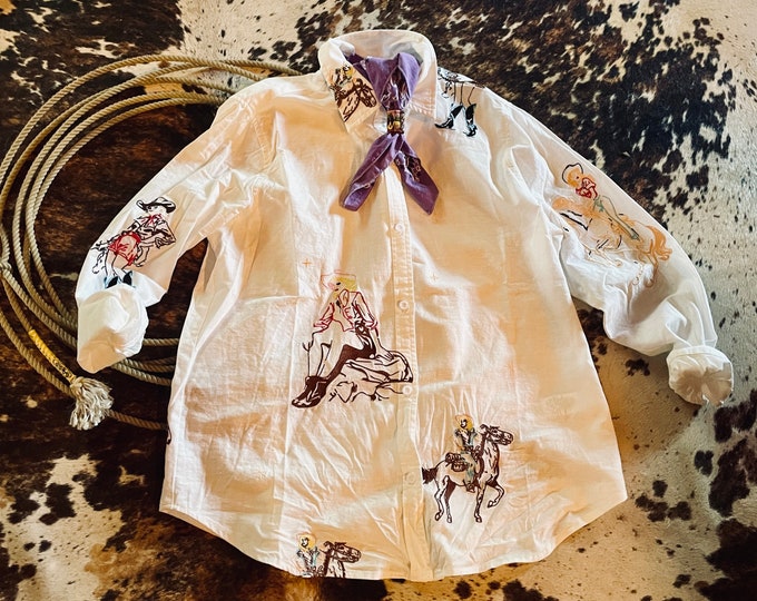 Western Cowgirl Cowboy Vintage Look Embroidered Long Sleeve Linen White ...