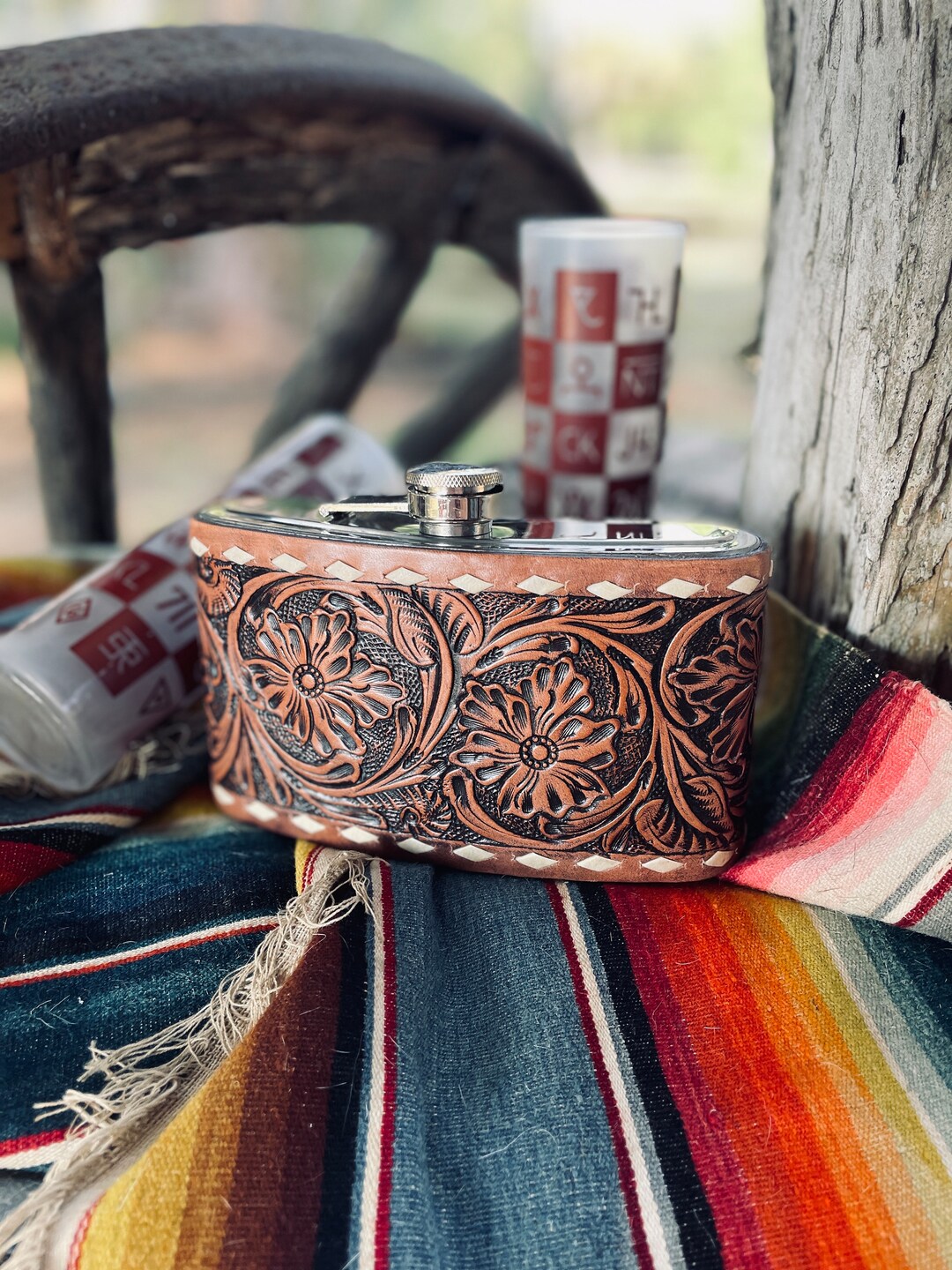 Ranch Style Tooled Leather With White Buckstitch 24 Oz. Flask Western ...