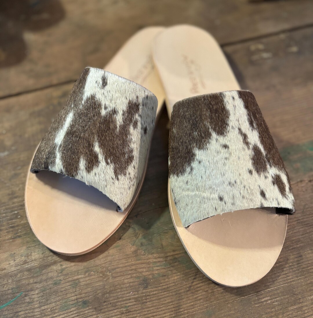 Ranch Style Genuine Cowhide Slides Chocolate Speckled Sandals 100% ...