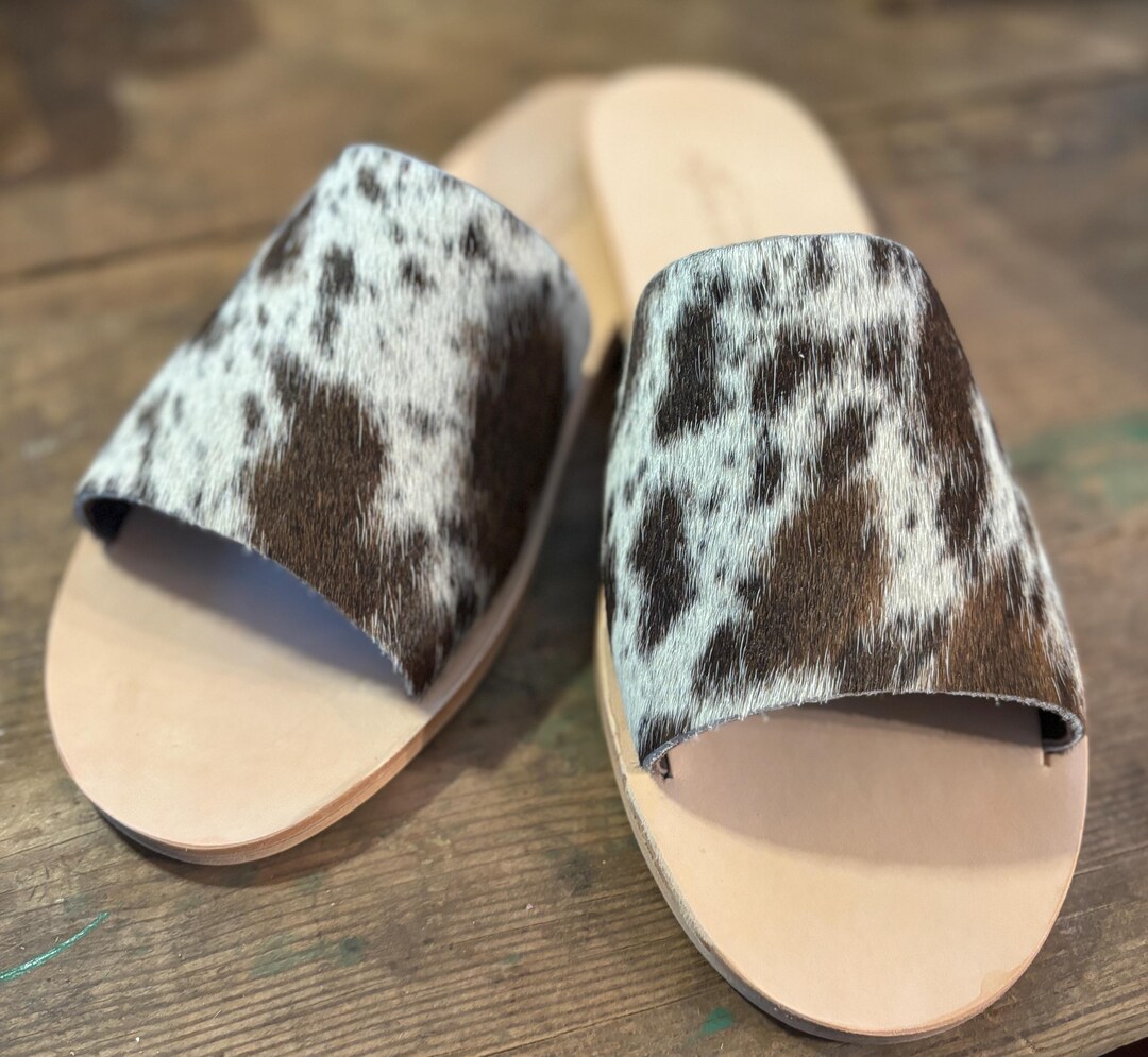 Ranch Style Genuine Cowhide Slides Chocolate Speckled Sandals 100% ...