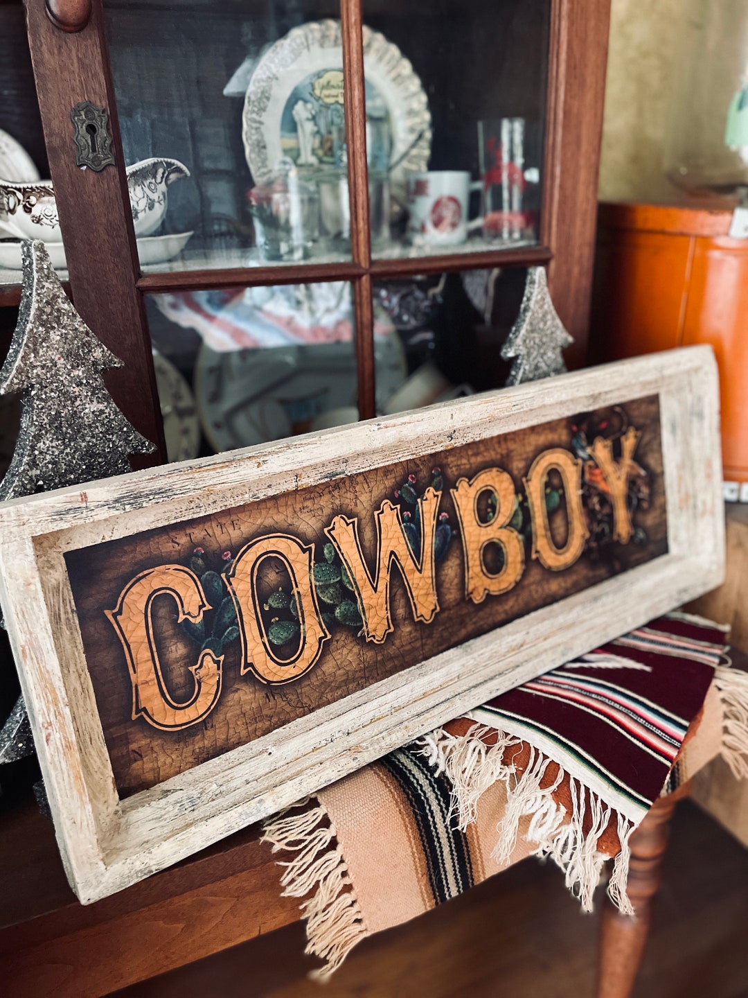 Cowboy Vintage Style Framed Western Art Chippy Frame Rodeo Buckin Horse ...