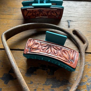Ranch Style Tooled Leather Hair Clip Turquoise Western Cowgirl Rodeo ...
