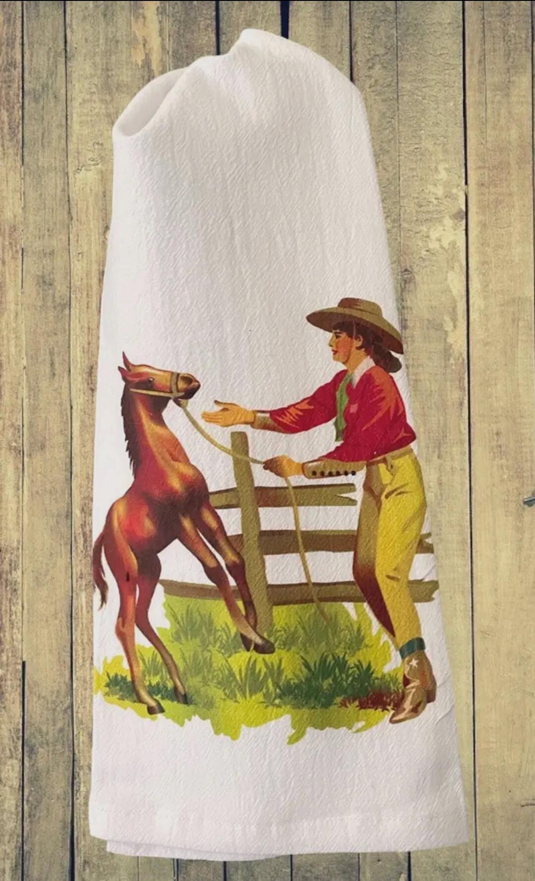 Cowgirl Wrangler Retro Feed Sack Kitchen Towel Cowboy Western Rodeo ...