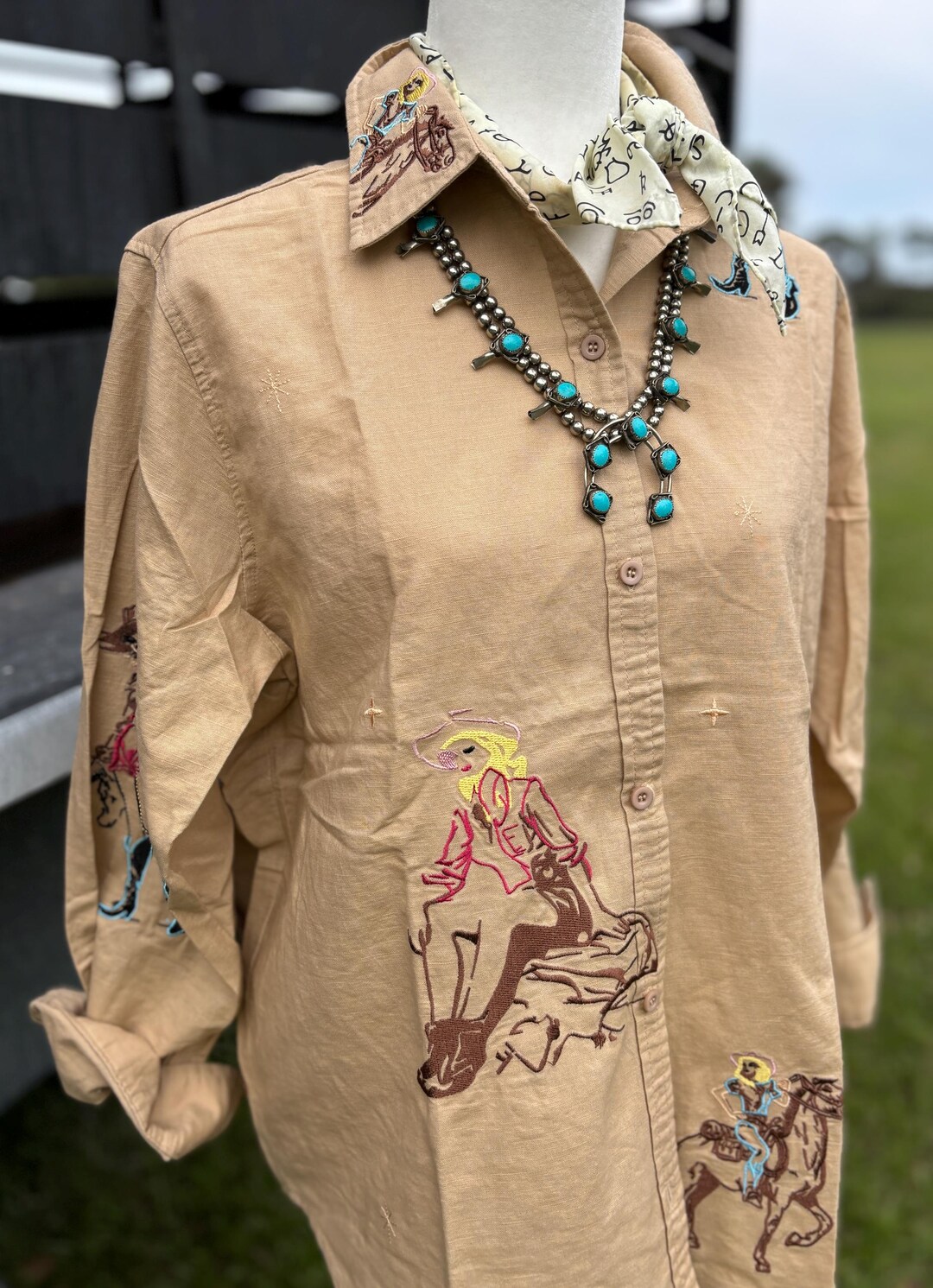 Western Cowgirl Vintage Look Embroidered Long Sleeve Linen Tan Shirt ...