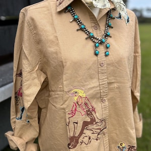 Western Cowgirl Vintage Look Embroidered Long Sleeve Linen Tan Shirt ...