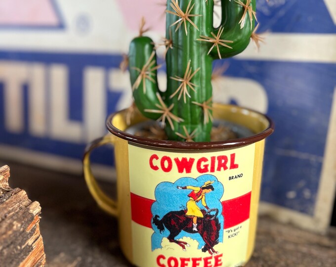 Ranch Style Faux Cactus in A Vintage Enamel Wear Mug With Cowgirl ...