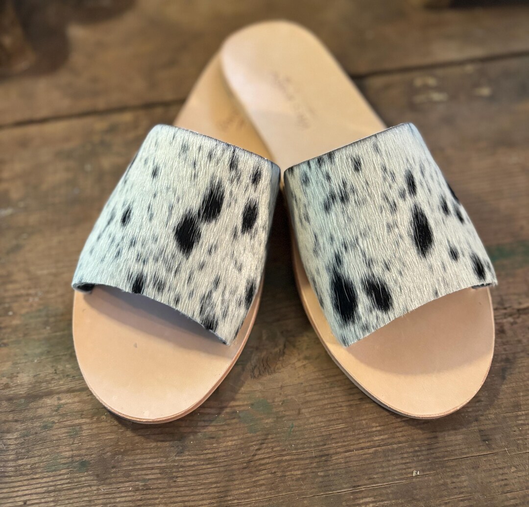 Ranch Style Genuine Cowhide Slides Salt & Pepper Sandals 100% Leather ...