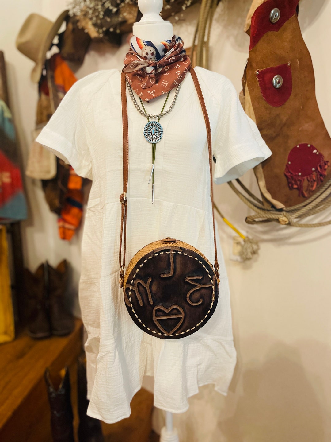 Punchy Leather Cattle Brands With Buckstitch Straw Bag 8” Round Bag ...