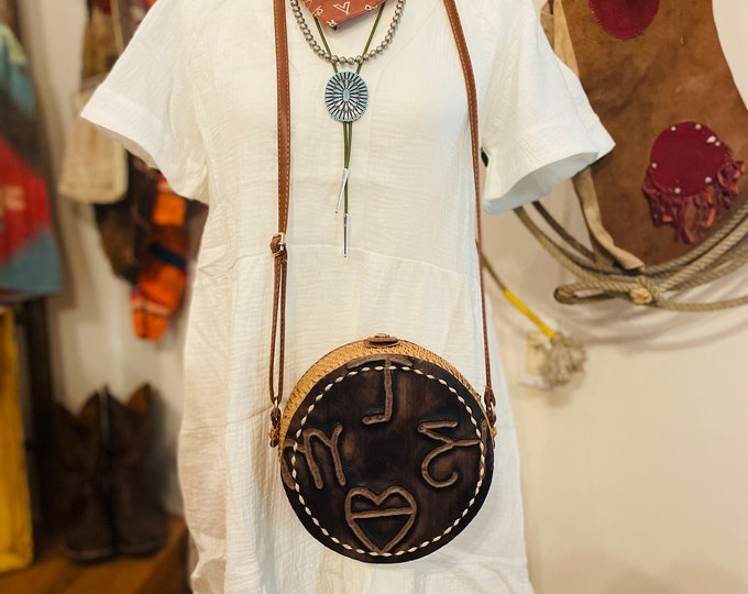 Punchy Leather Cattle Brands With Buckstitch Straw Bag 8” Round Bag ...