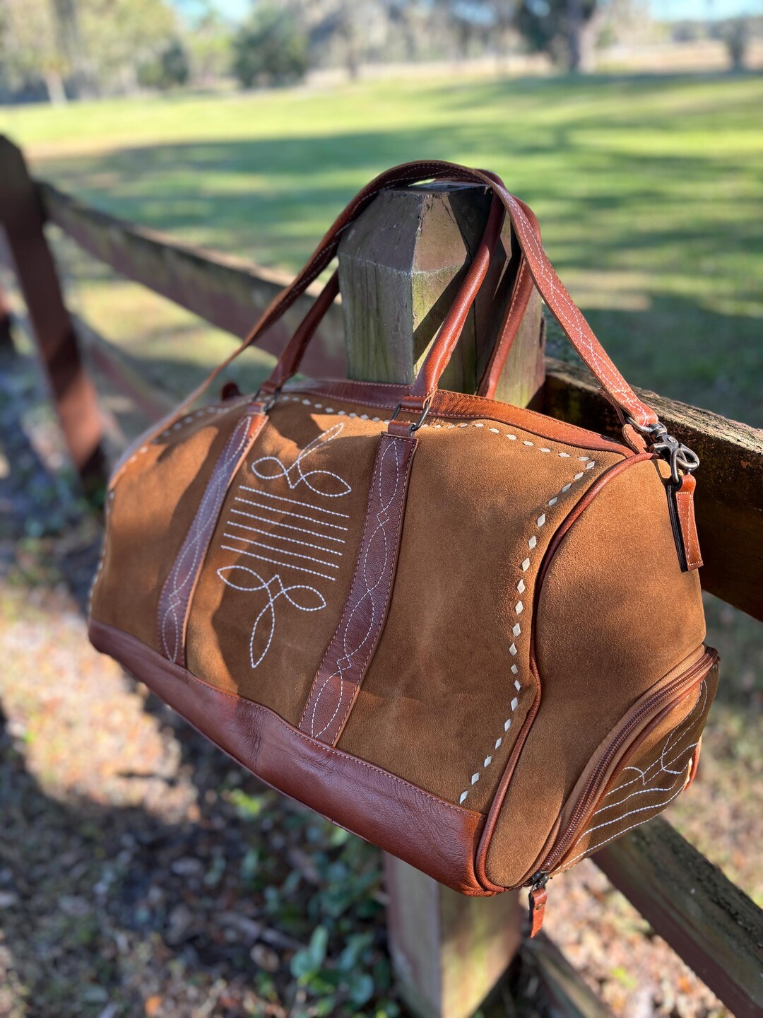 Leather Suede Western Ranch Style Duffel Bag With Boot Stitch ...
