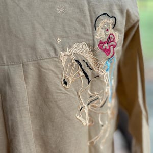Western Cowgirl Vintage Look Embroidered Long Sleeve Linen Tan Shirt ...