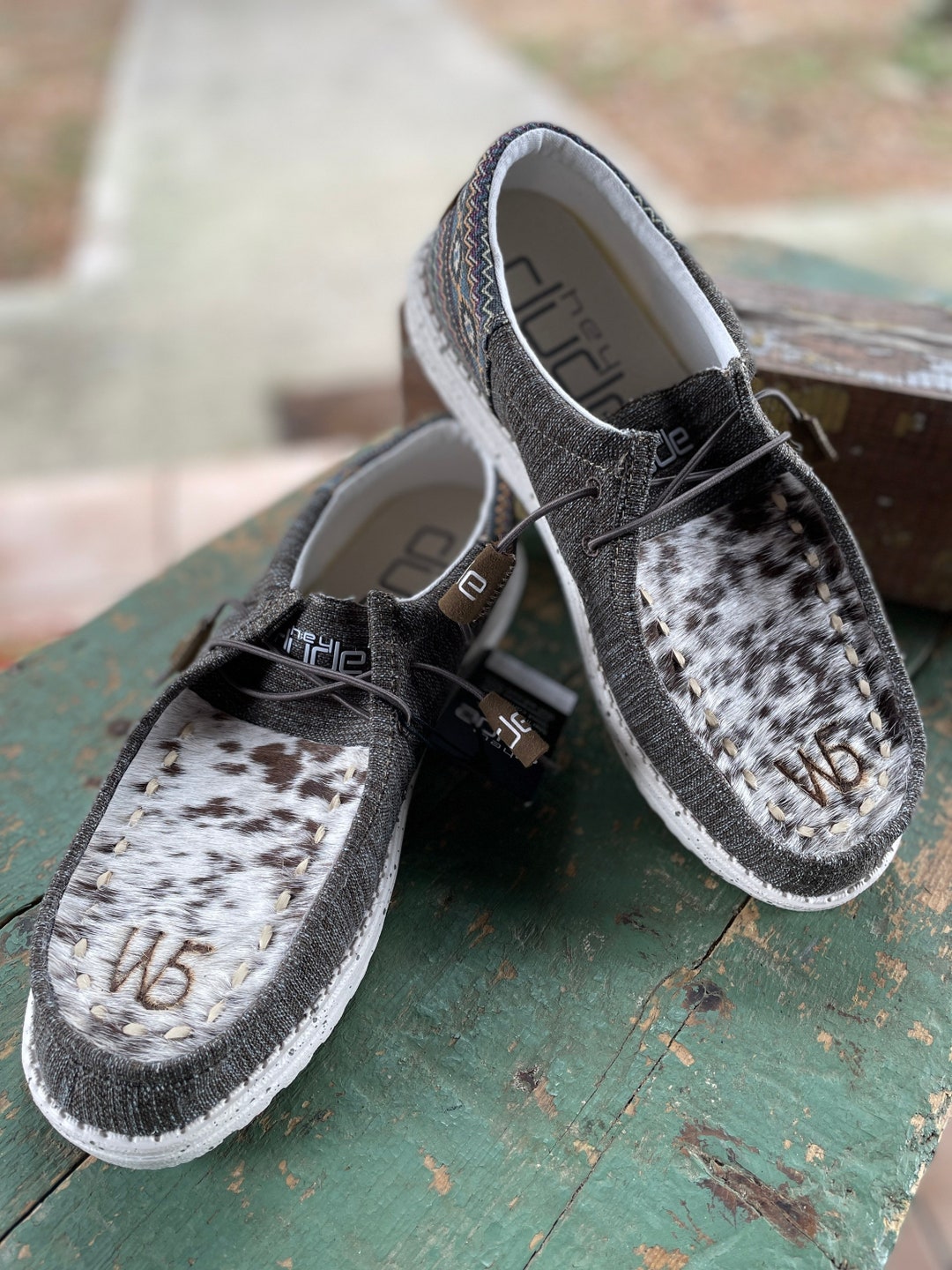 Mens hey Dude Shoes With Custom Cowhide and Buckstitch Cowboy Western ...