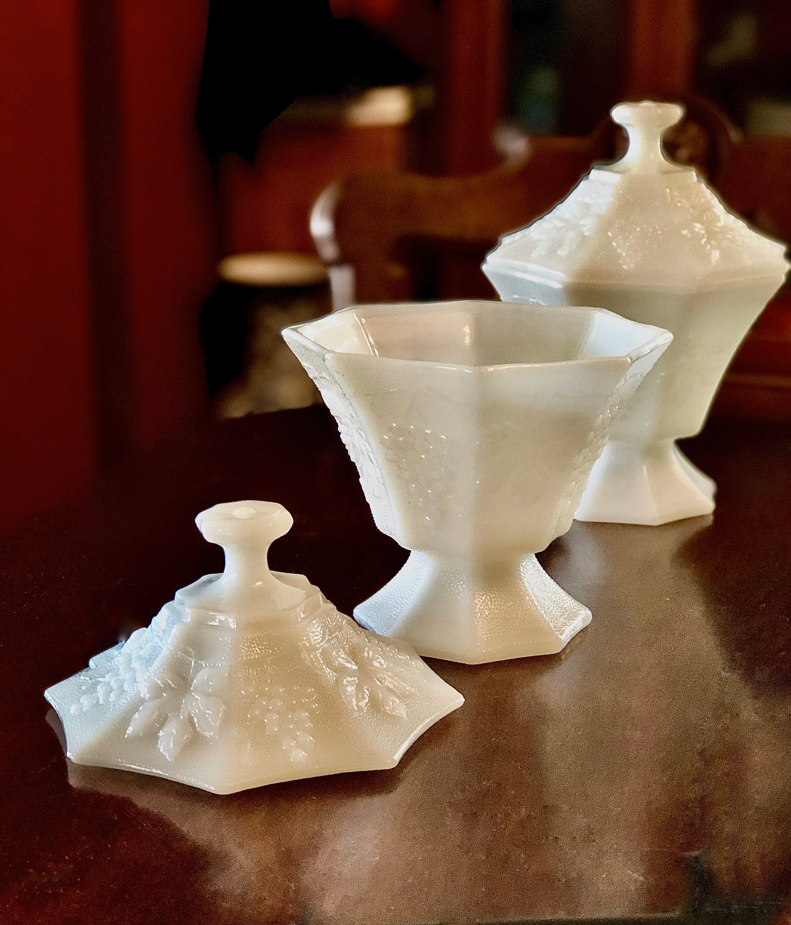 Vintage Anchor Hocking Harvest Grape Pattern Milk Glass Pedestal Lidded ...