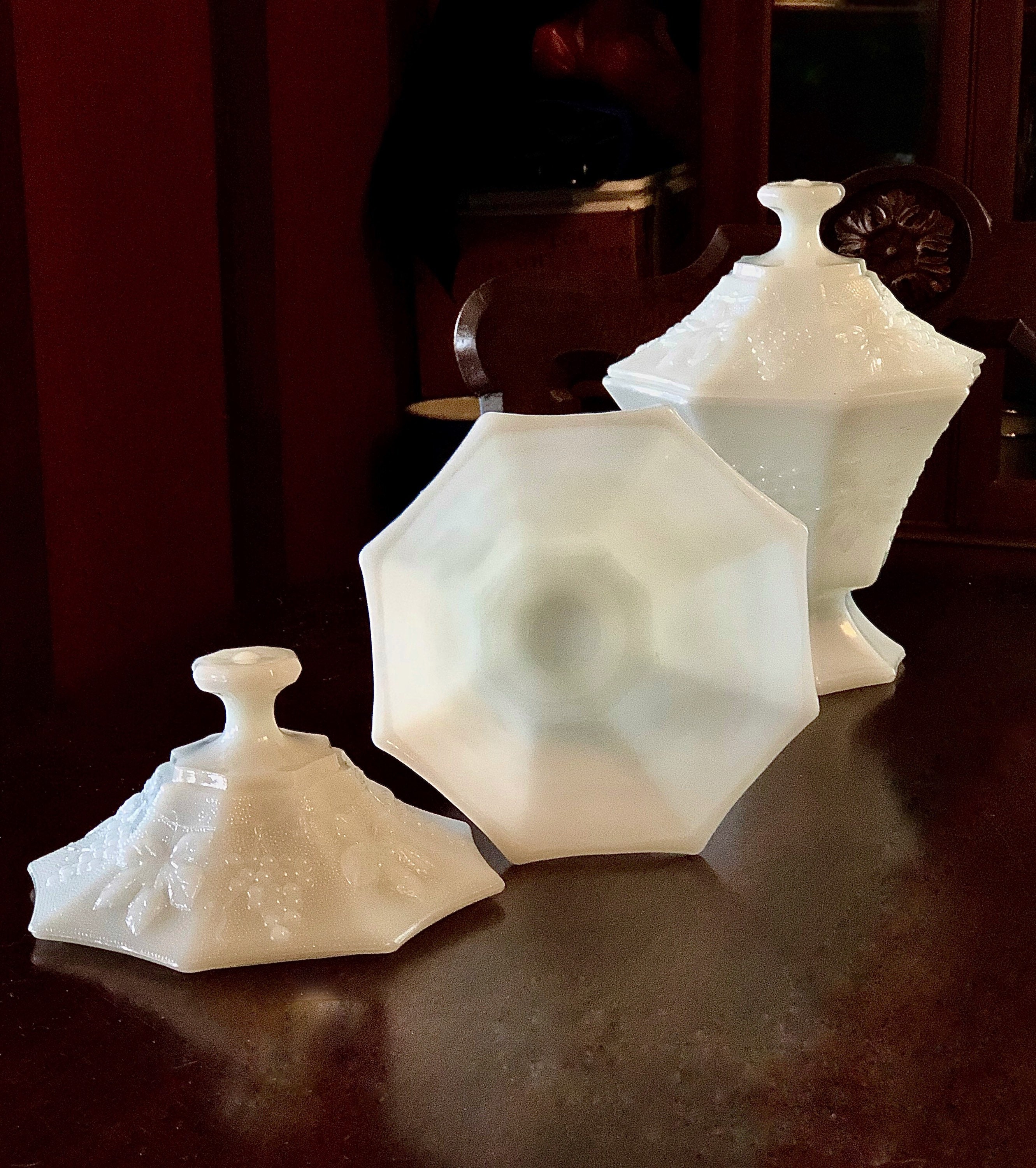 Vintage Anchor Hocking Harvest Grape Pattern Milk Glass Pedestal Lidded ...