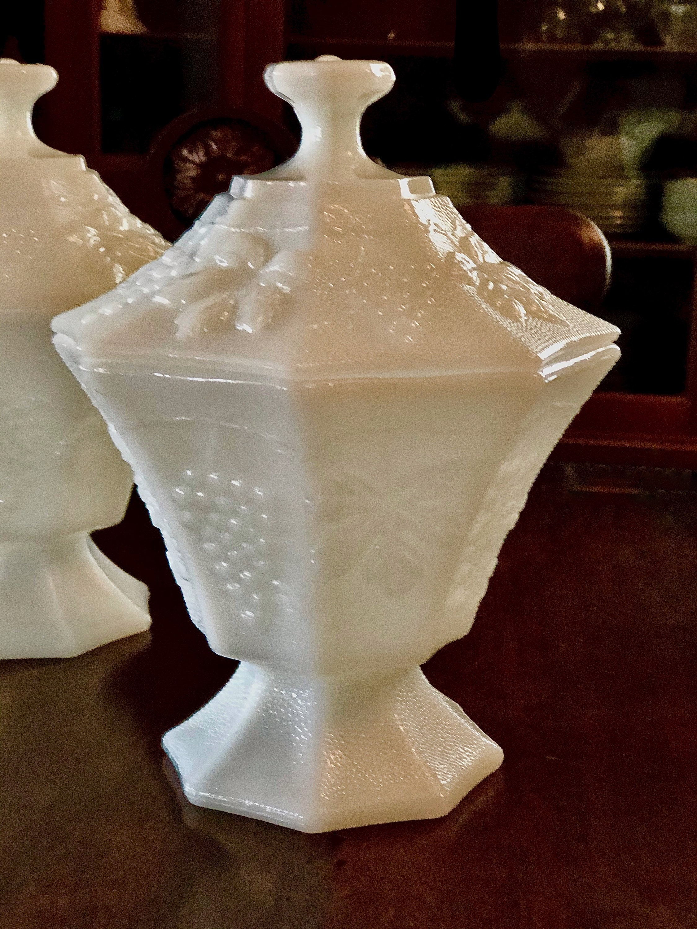 Vintage Anchor Hocking Harvest Grape Pattern Milk Glass Pedestal Lidded ...