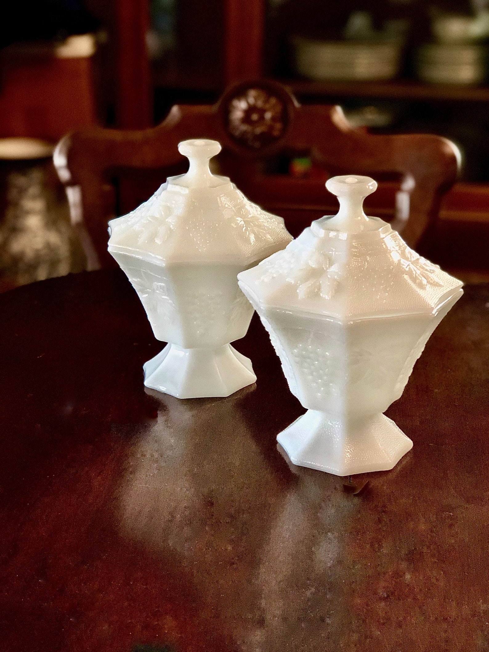 Vintage Anchor Hocking Harvest Grape Pattern Milk Glass Pedestal Lidded ...