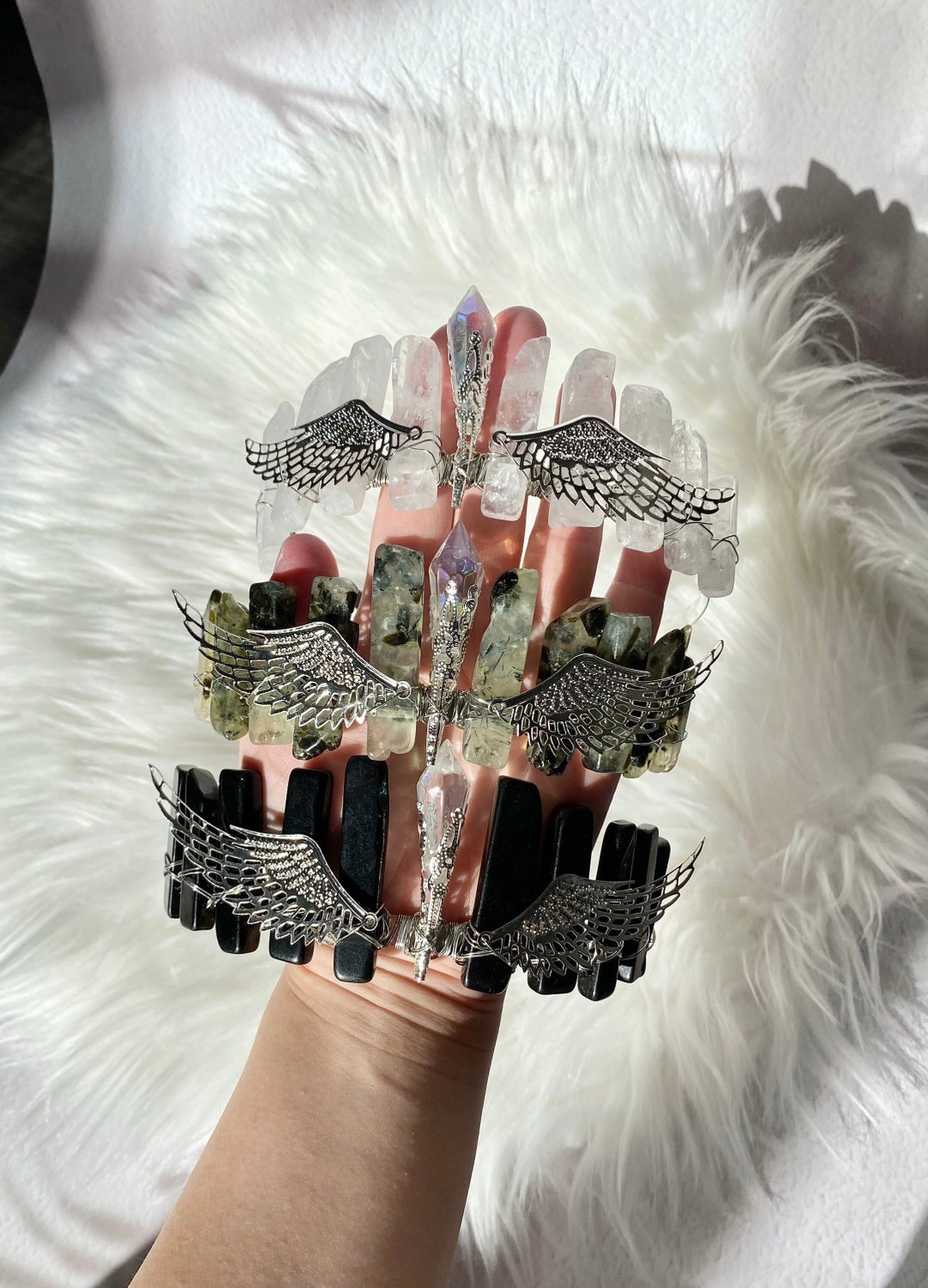 Sia Crystal Quartz Crown With Wings, Clear Quartz, Black Obsidian ...