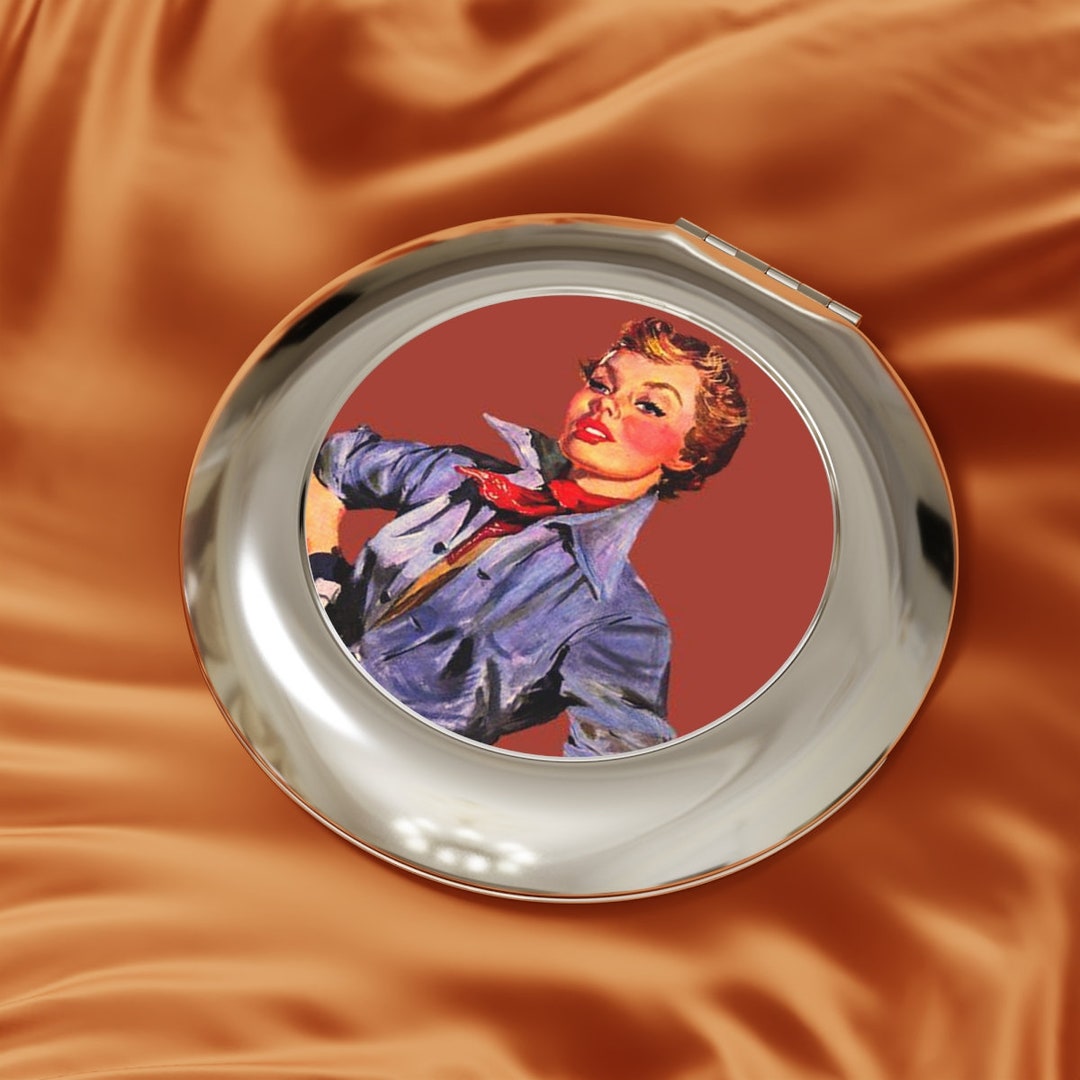 Pin-up Girl Compact Mirror - Vintage Cowgirl Woman Silver Travel Mirror ...