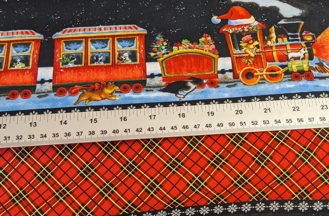 Christmas Train 100% Cotton Fabric, Snow Dog Express Fabric, Christmas ...