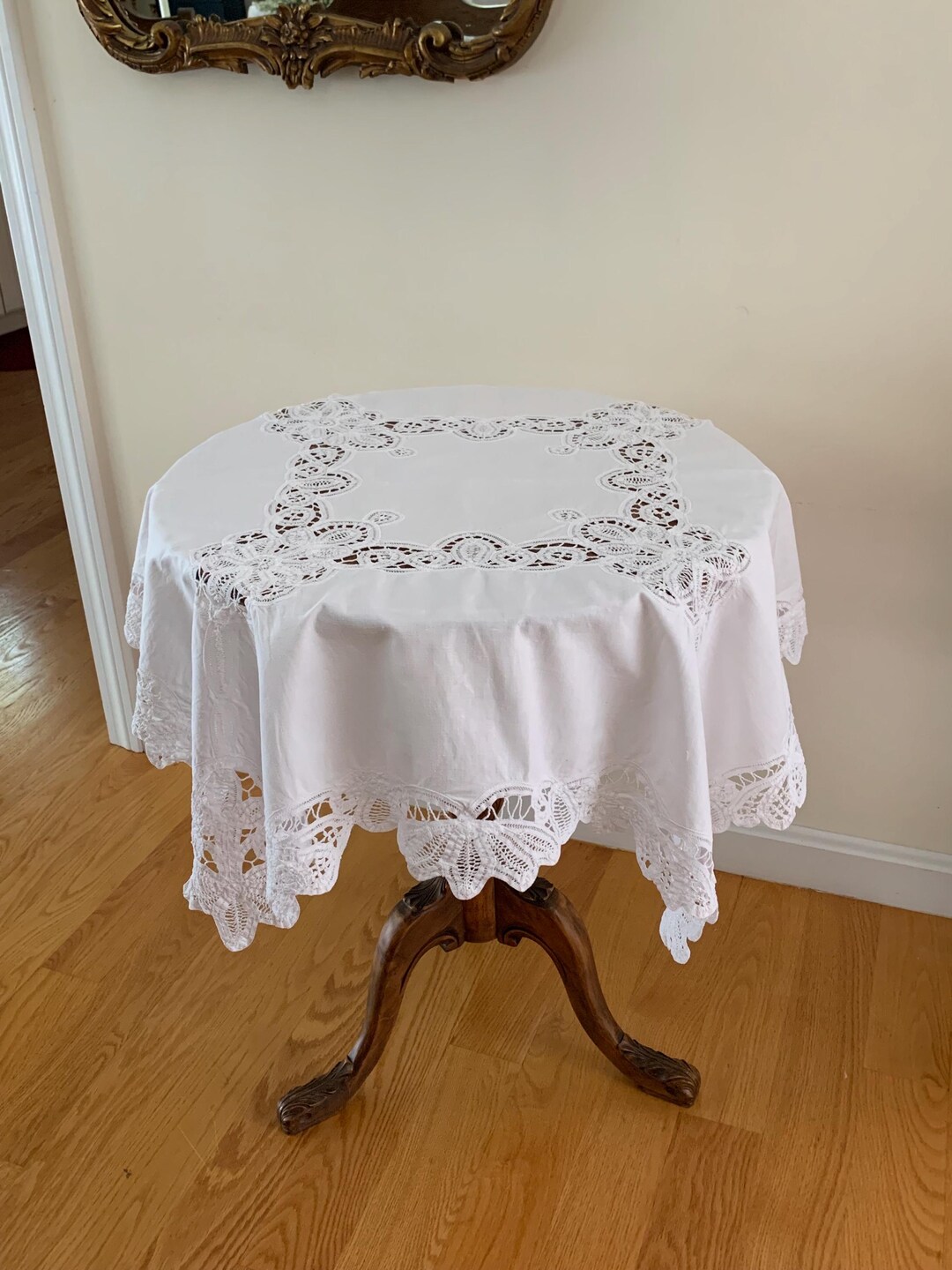 Vintage White Battenburg Lace Tablecloth - 32" Square Tea Table Cover ...