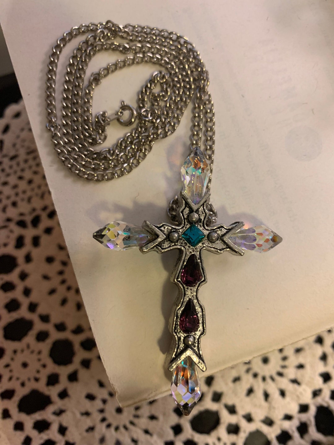Large Crystal and Glass Cross Pendant on Silver Chain, Glass and ...